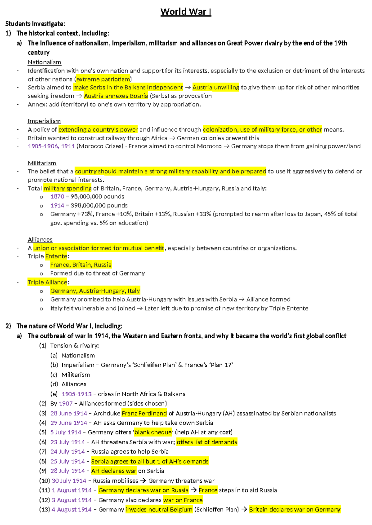 Modern History: World War I Comprehensive Study Notes - Studocu