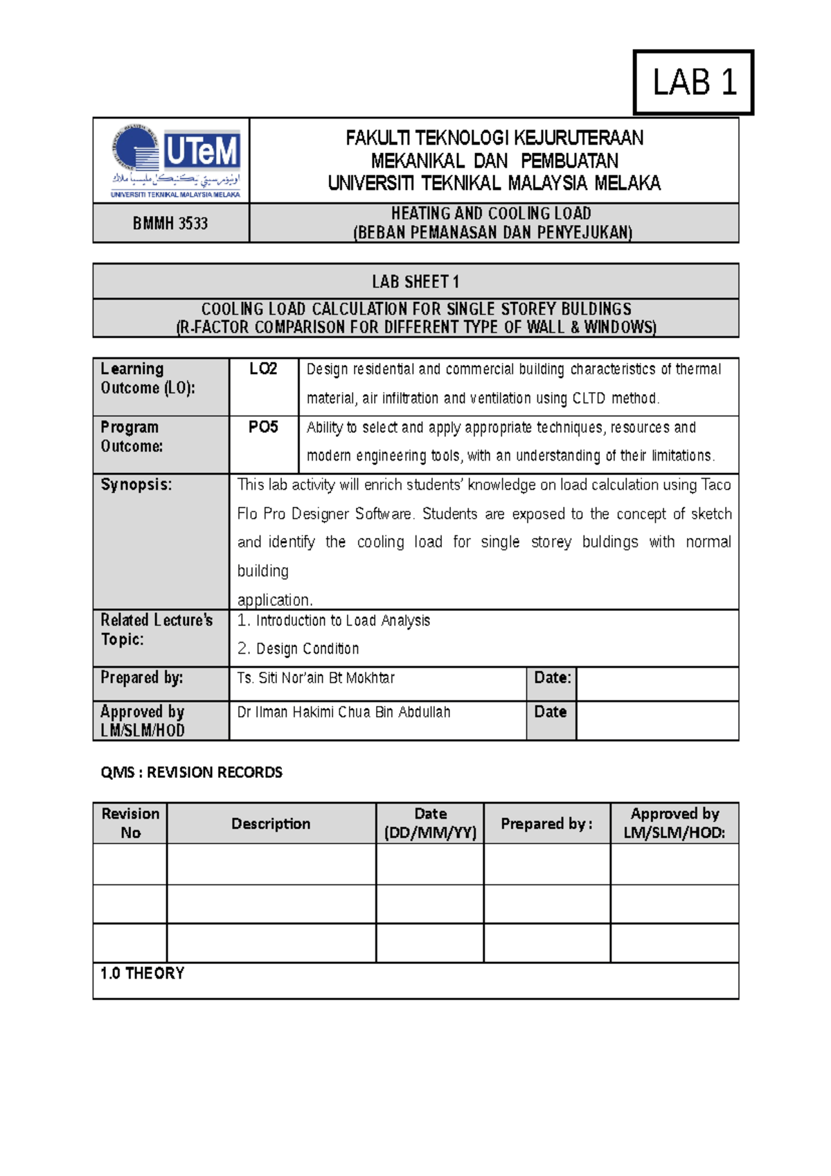 Lab 1 Cooling Load for Single Storey Building v1 - LAB 1 FAKULTI ...