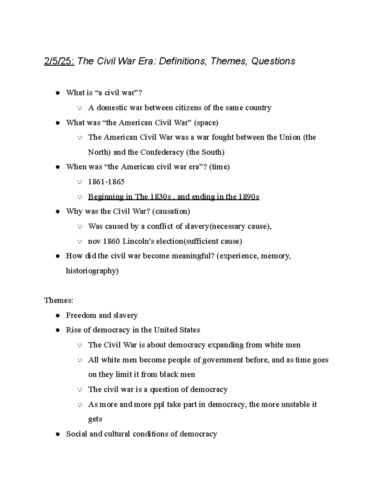 History 202: Civil War Era Themes, Questions, and Definitions - Studocu