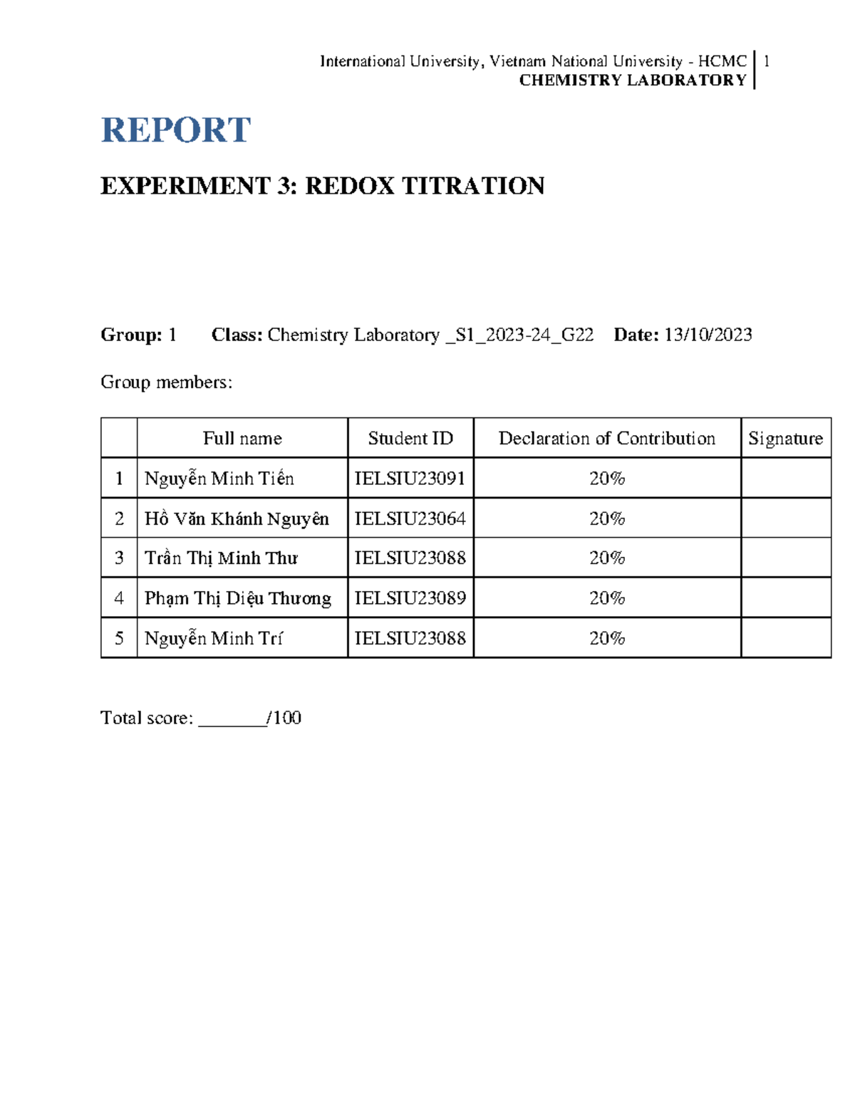 Report 3 - Sample - CHEMISTRY LABORATORY REPORT EXPERIMENT 3: REDOX ...