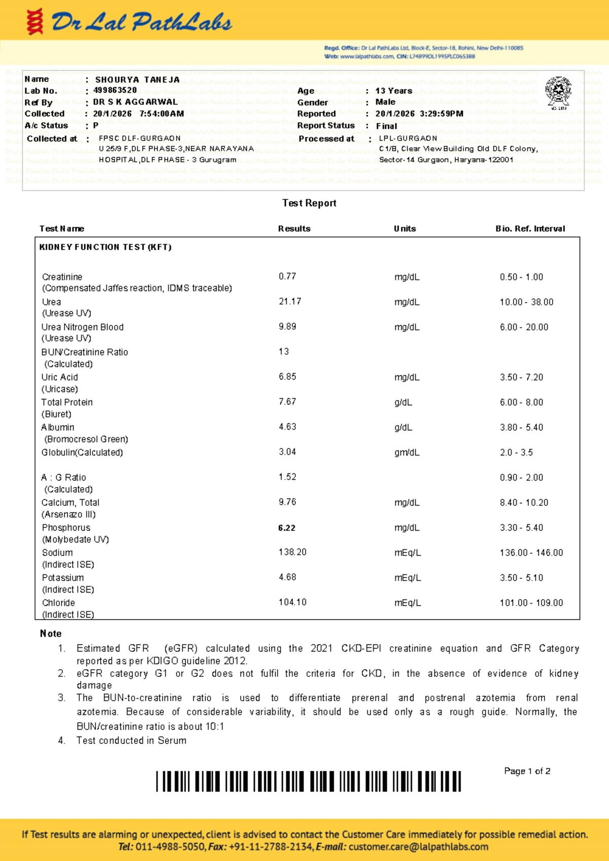 Kidney Function Test Report - Patient ID: 499863520 - Studocu