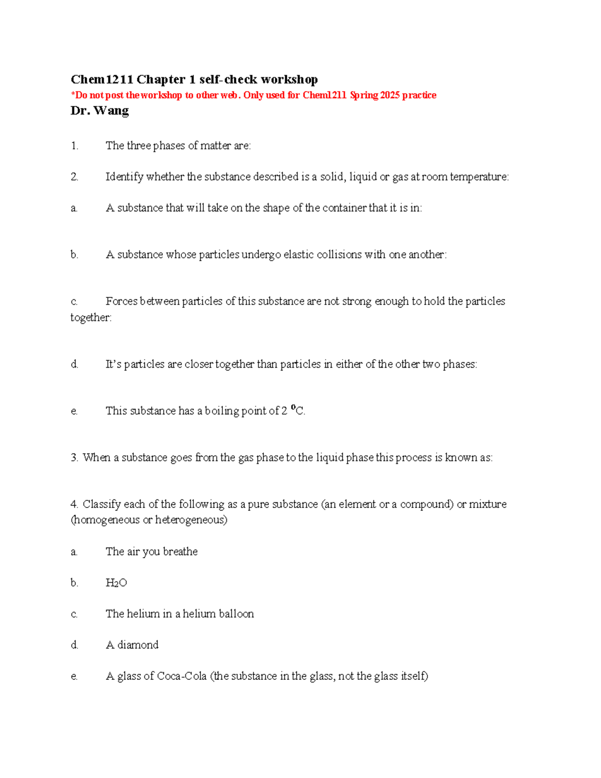 Chem1211 Chapter 1 Self-Check Workshop for Spring 2025 - Chem1211 Chapter 1 self-check workshop ...