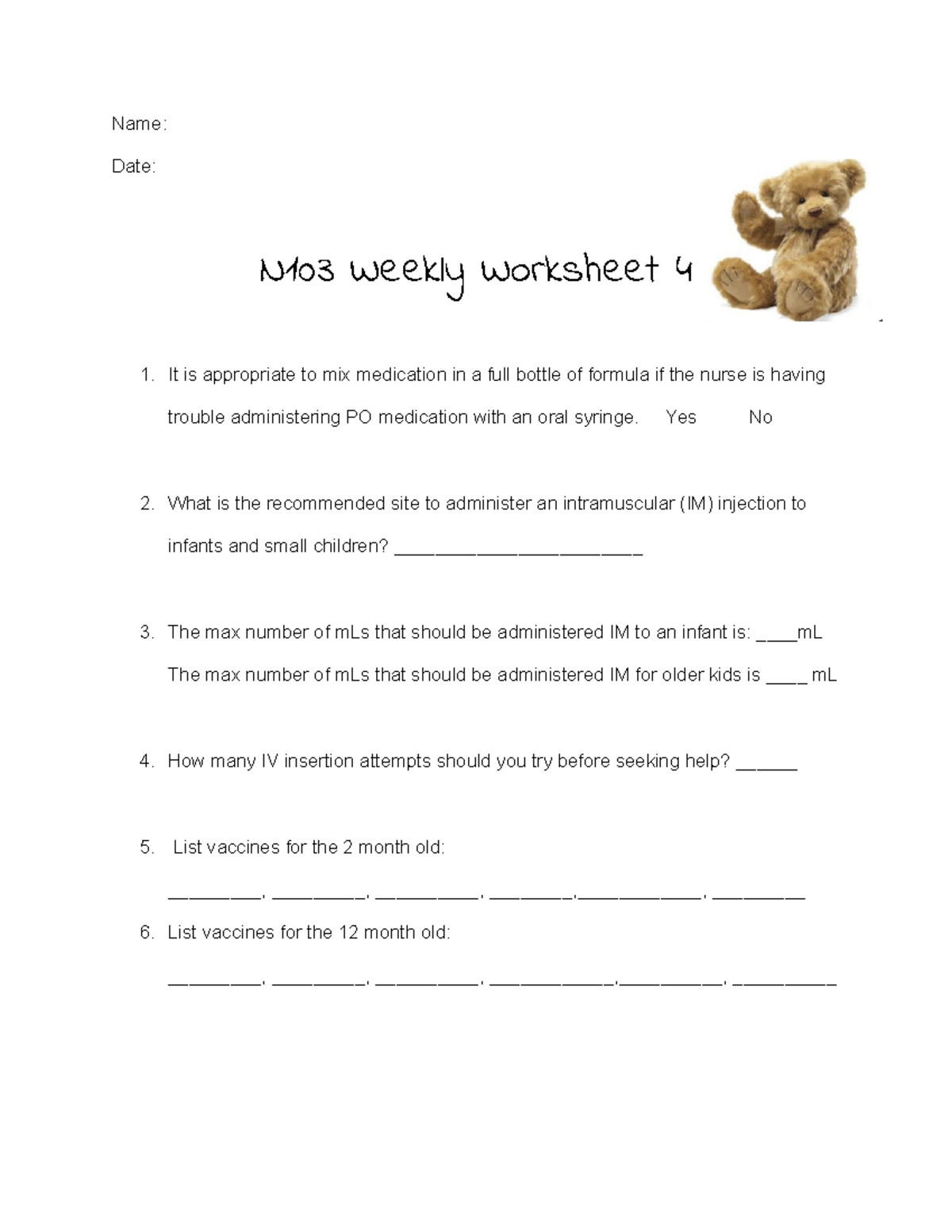 N103 Weekly Worksheet 4: Pediatric Medication & Injection Guidelines ...