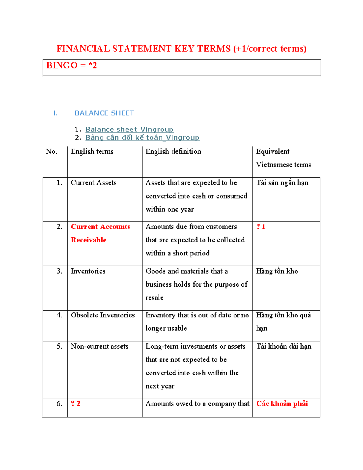 FIN 101: Key Terms for Financial Statements - Bingo Practice - Studocu