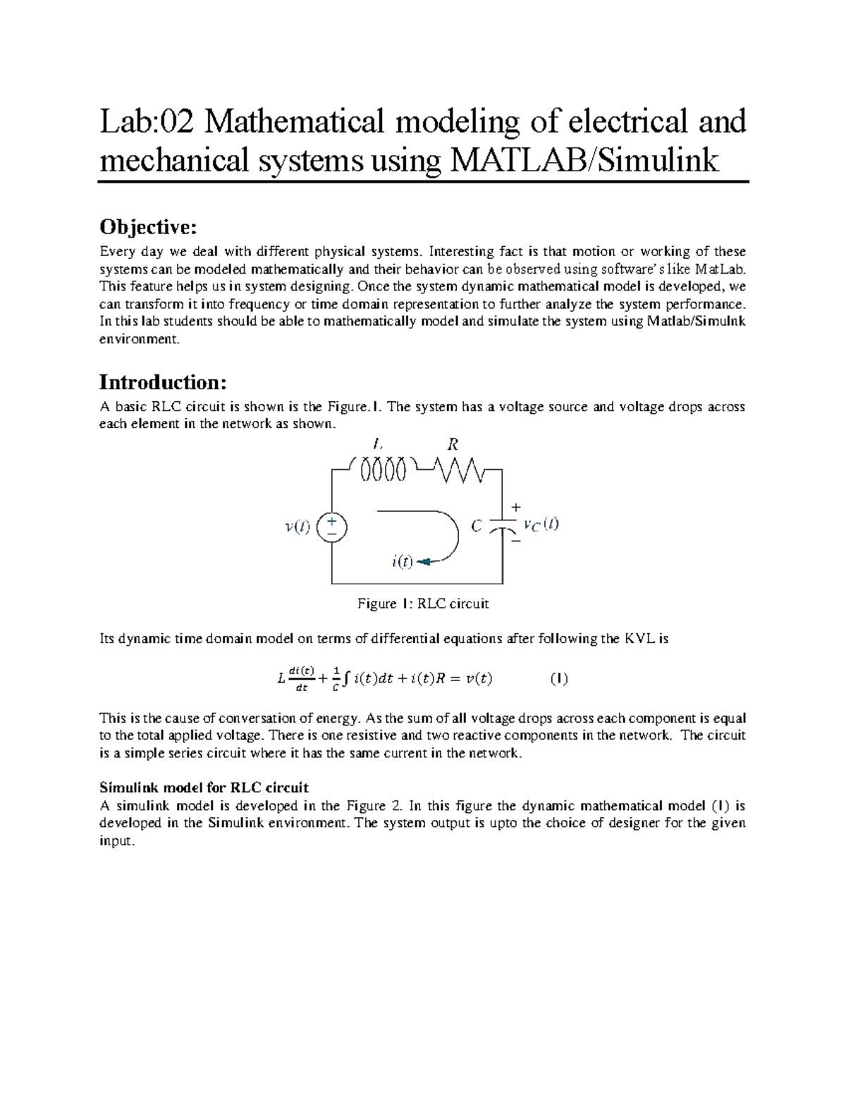 Lab 02: Mathematical Modeling of Electrical & Mechanical Systems in ...