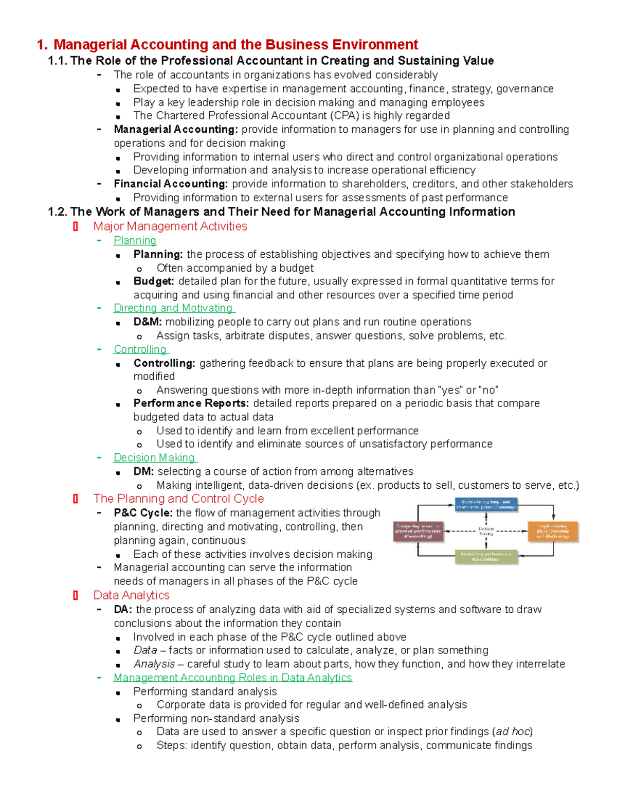 ADM 2341 - Ch. 1 + 2 Textbook Notes - 1. Managerial Accounting and the ...