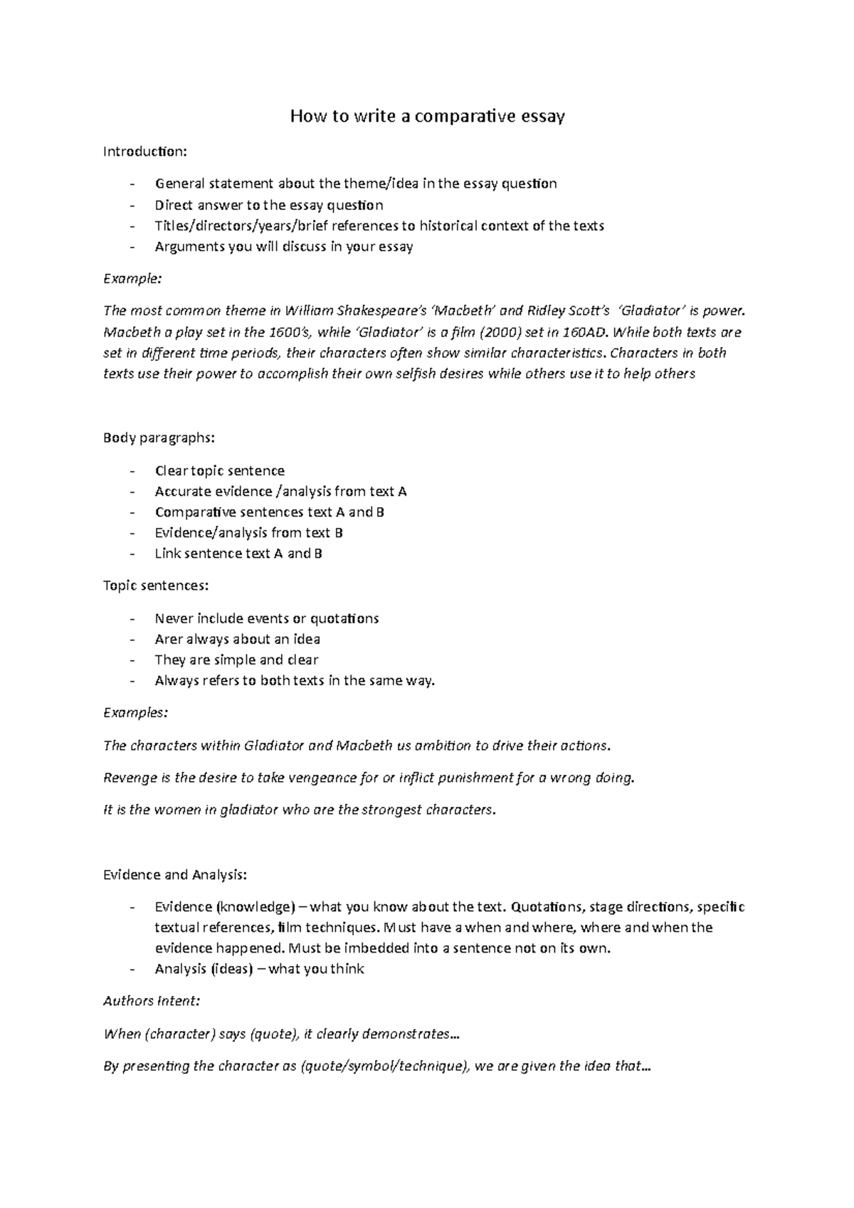 Comparative Essay Writing Guide: Analyzing Macbeth & Gladiator - Studocu
