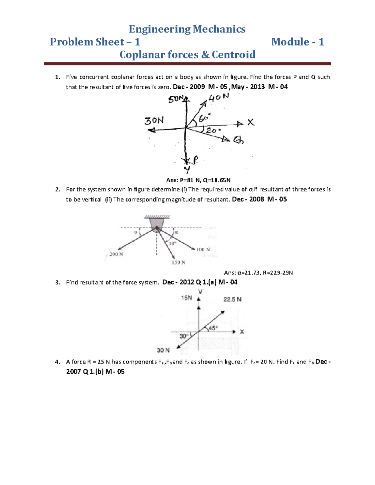 Module 1 coplanar forces and center of gravity - Problem Sheet – 1 ...