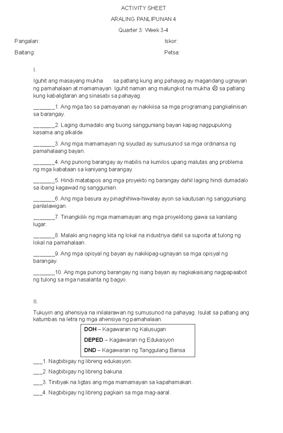 AP4 Quarter 3 Week 3-4 Activity Sheet on Government and Community ...