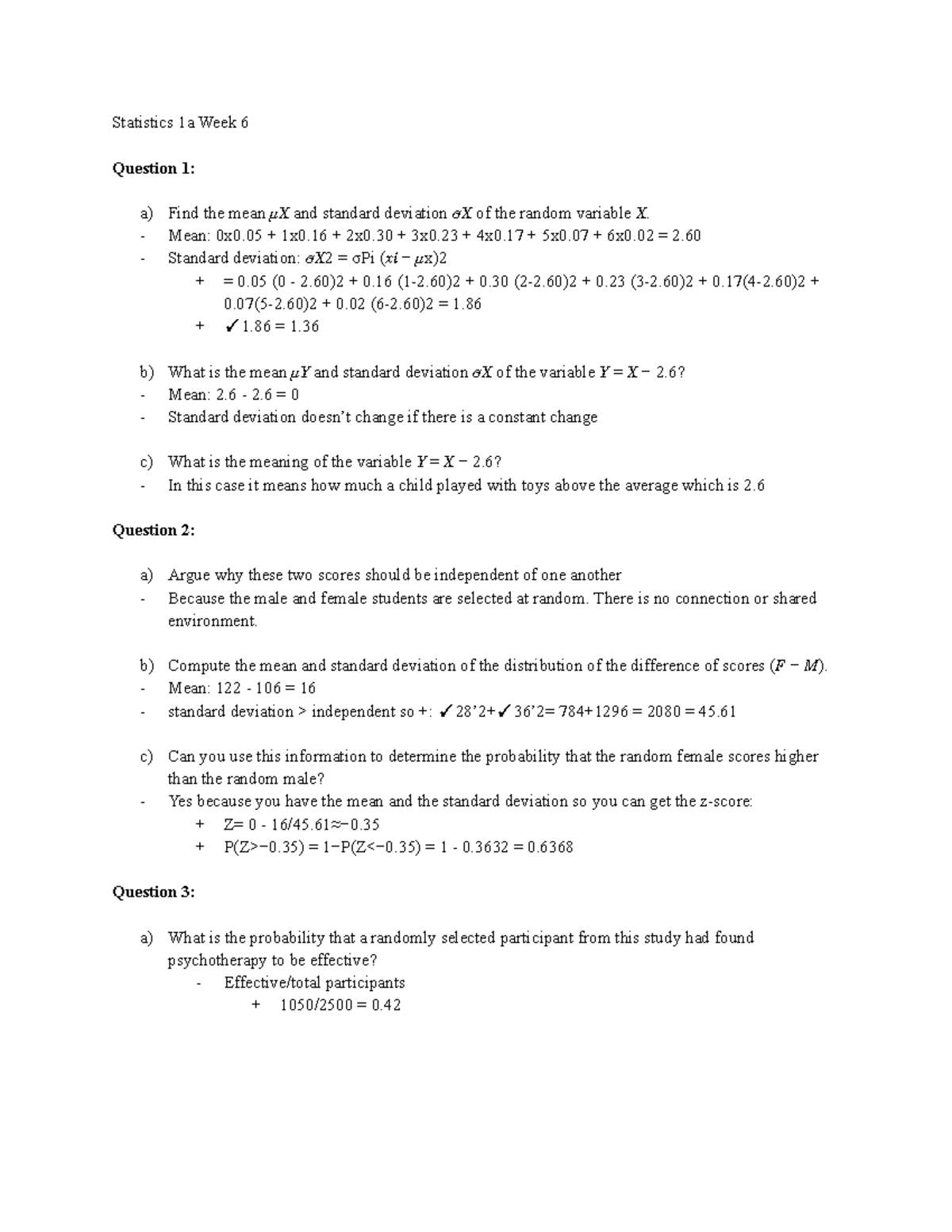 Statistics 1A Week 6: Mean, Std Dev, & Probabilities Analysis - Studeersnel