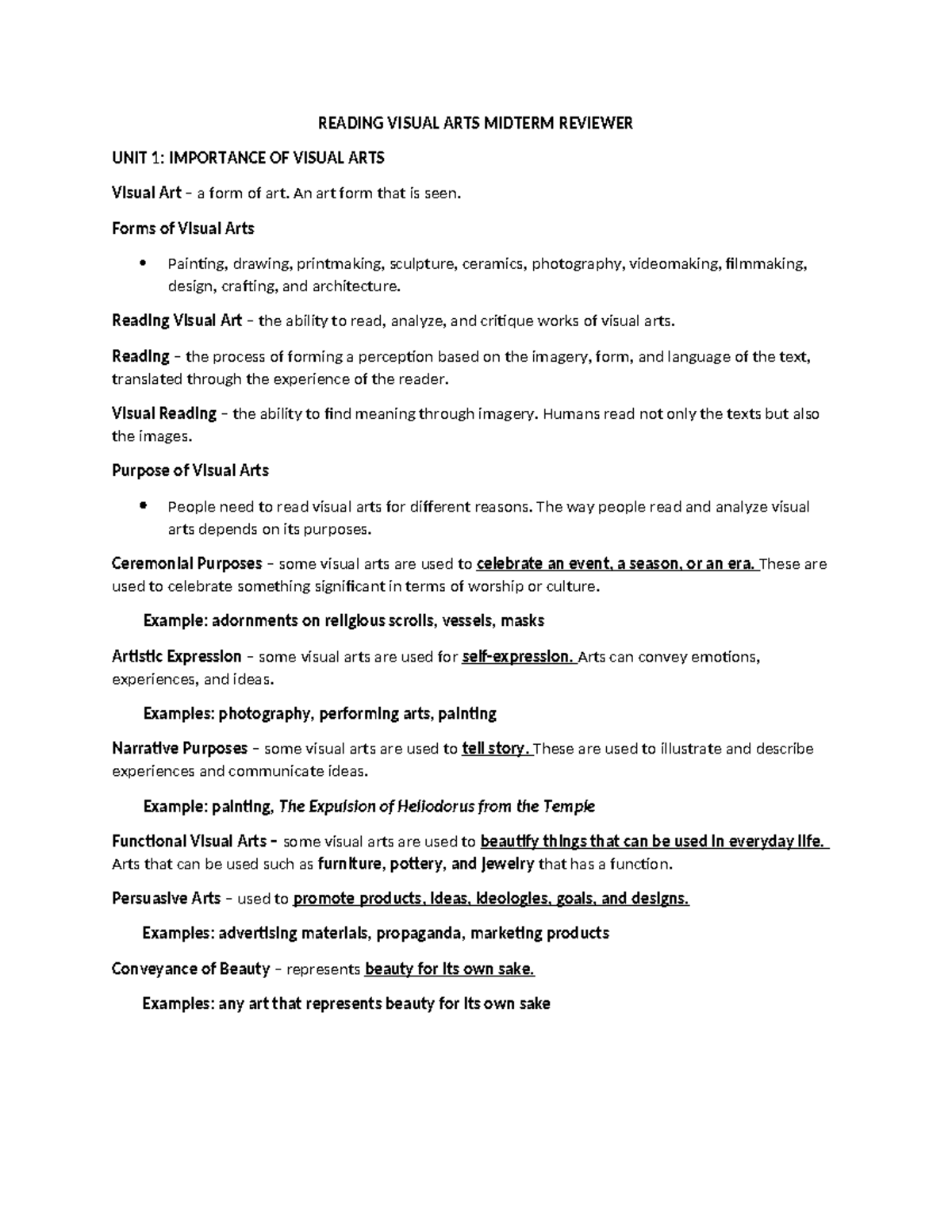Reading Visual Arts Midterm Review Notes (ART 101) - Studocu