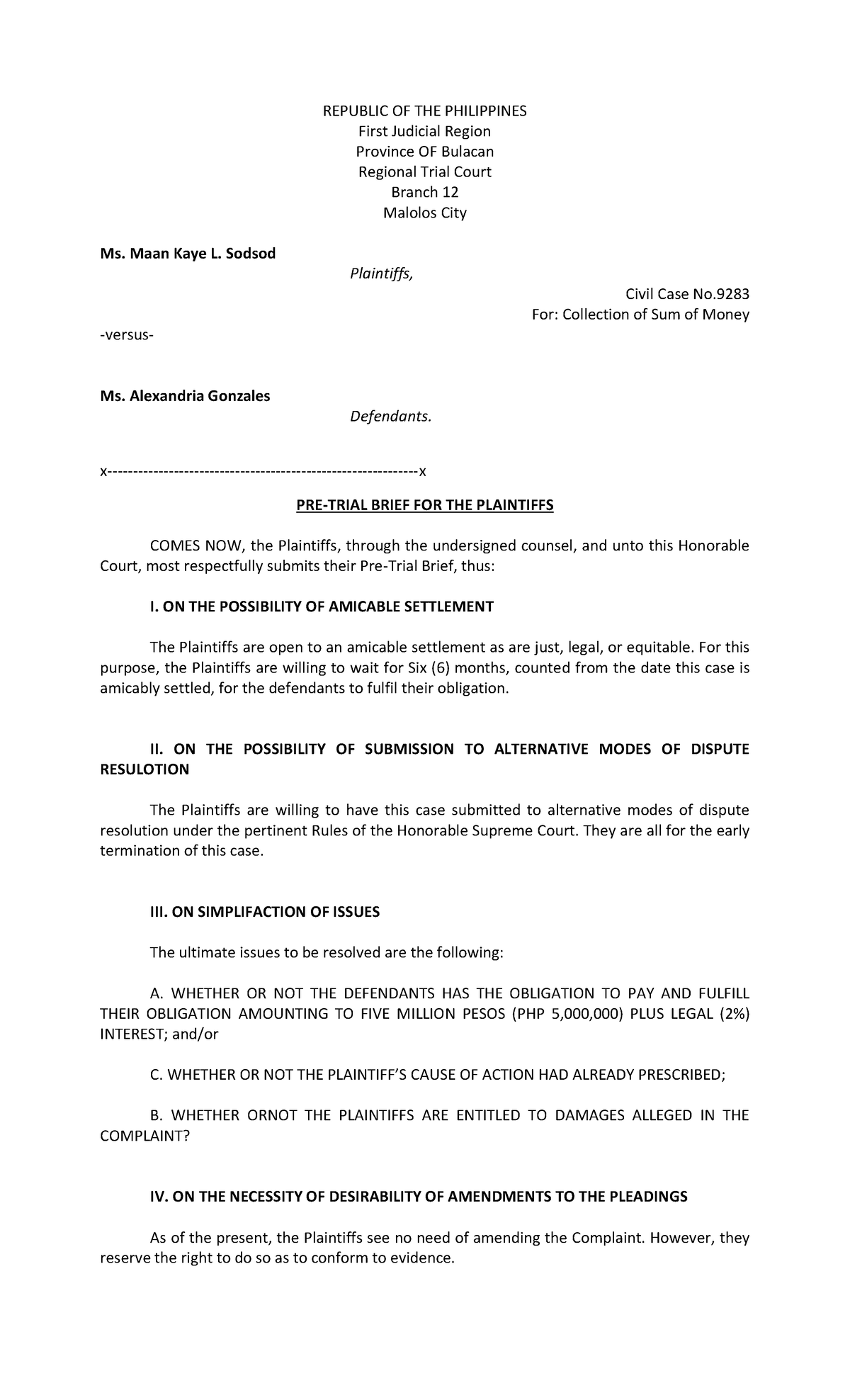 Pre-Trial Brief for Collection Case (Civil Case No. 9283) - Studocu
