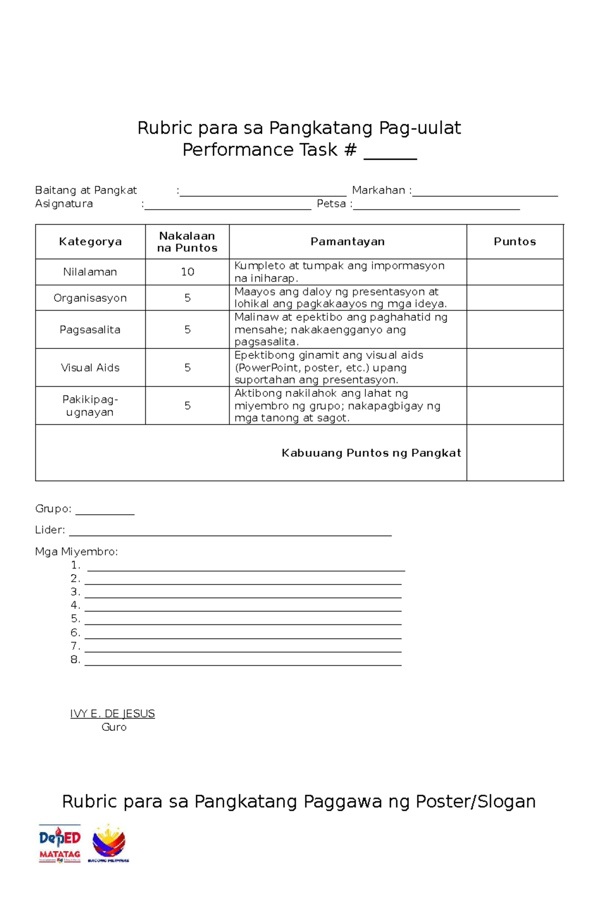 AP Rubrics para sa Pangkatang Performance Task - Studocu