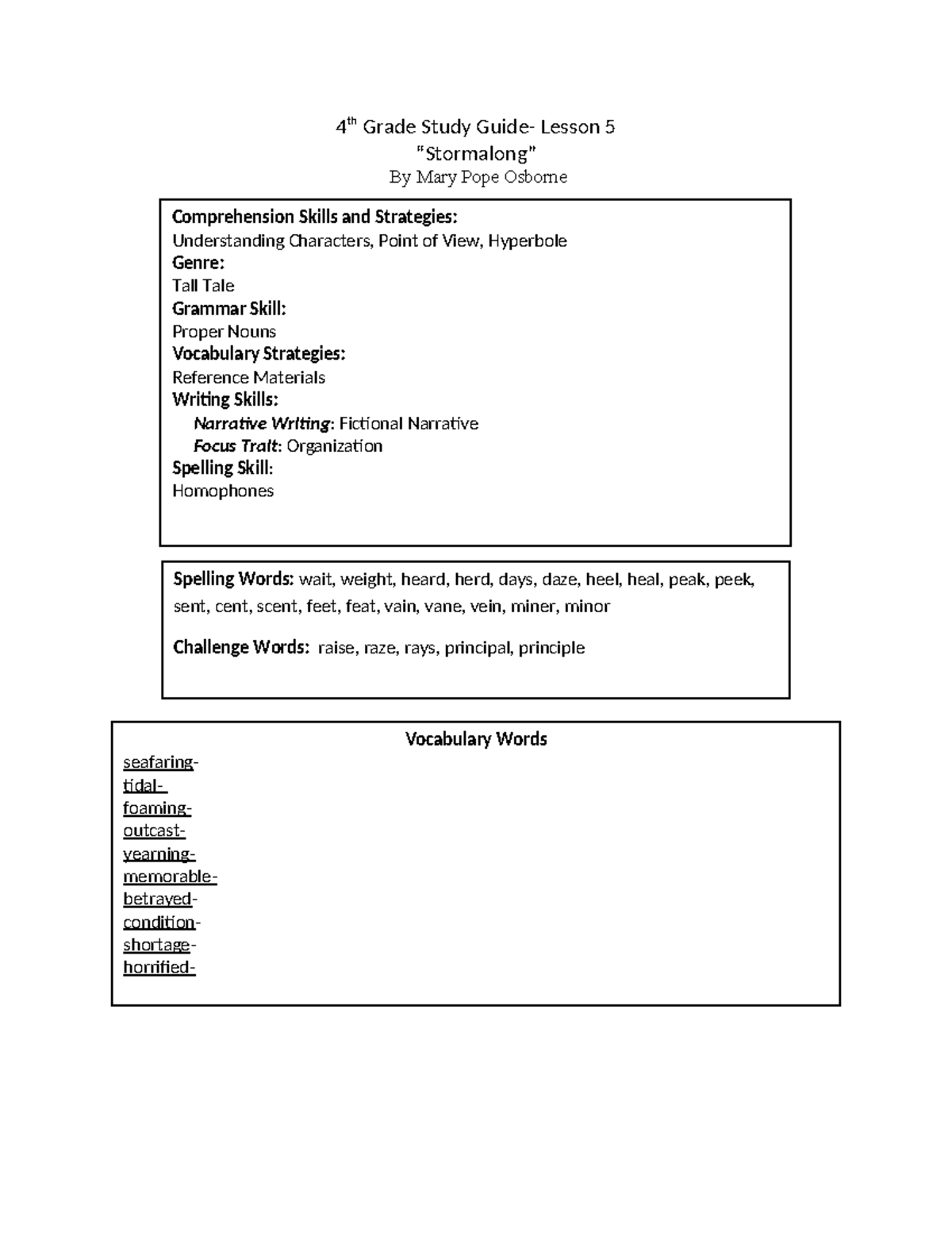Study guide l - 4 th Grade Study Guide- Lesson 5 “Stormalong” By Mary ...