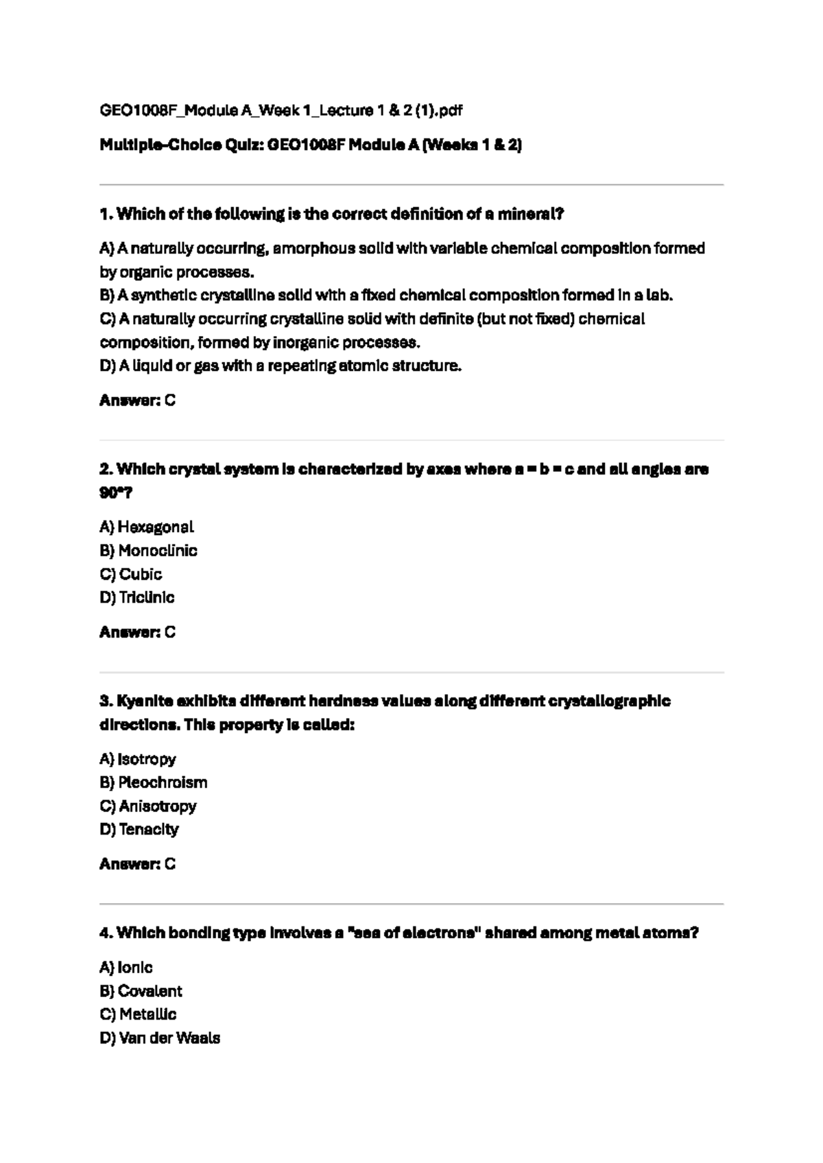 GEO1008F Quiz Prep: Week 1-3 Geological Concepts & Test Questions - Studocu