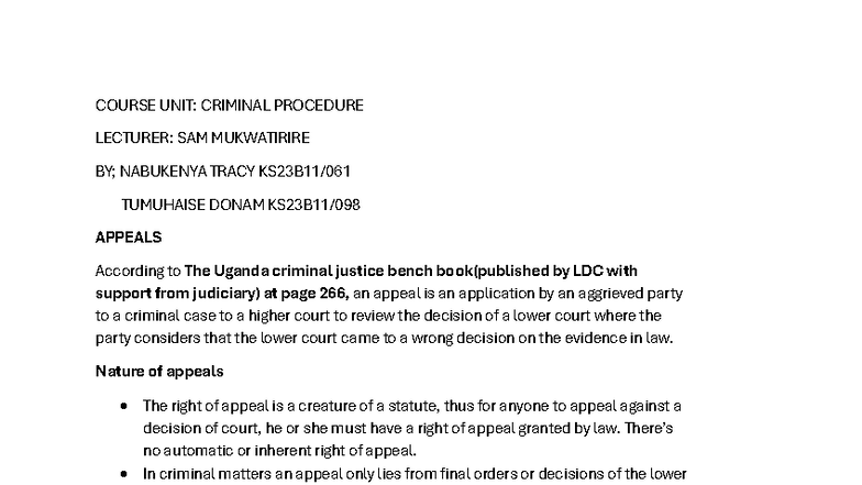 Appeals, modes of appeals, grounds of appeal - COURSE UNIT: CRIMINAL ...