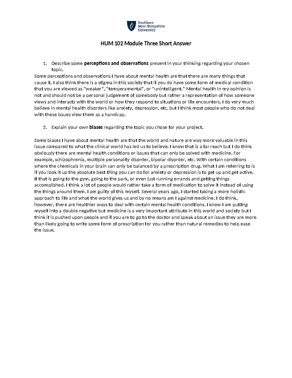 HUM 102 Module Three Short Answer on Mental Health Perspectives - Studocu