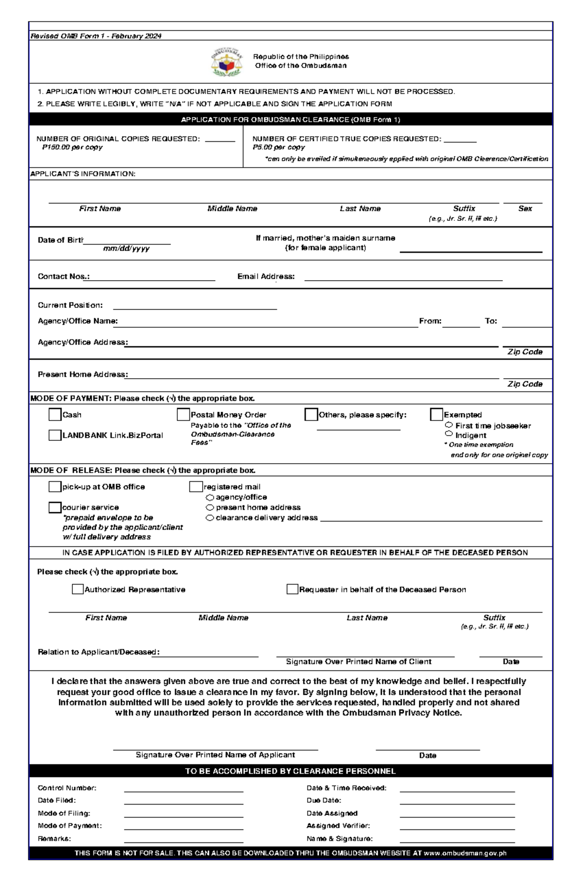 Revised OMB Form 1 - Application for Ombudsman Clearance 2024 - Studocu