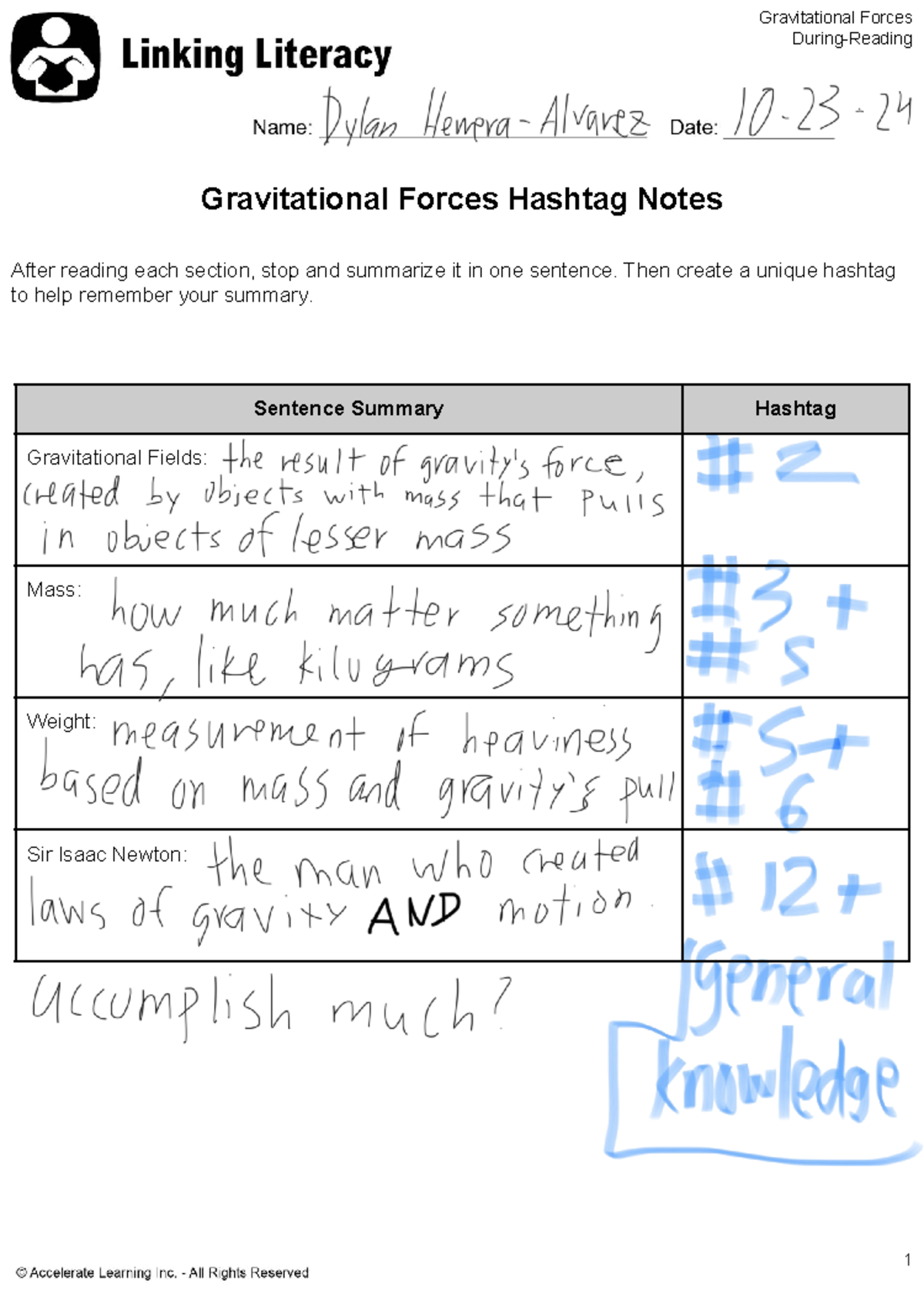 Linking Literacy - Answer key - 1 Gravitational Forces Hashtag Notes ...