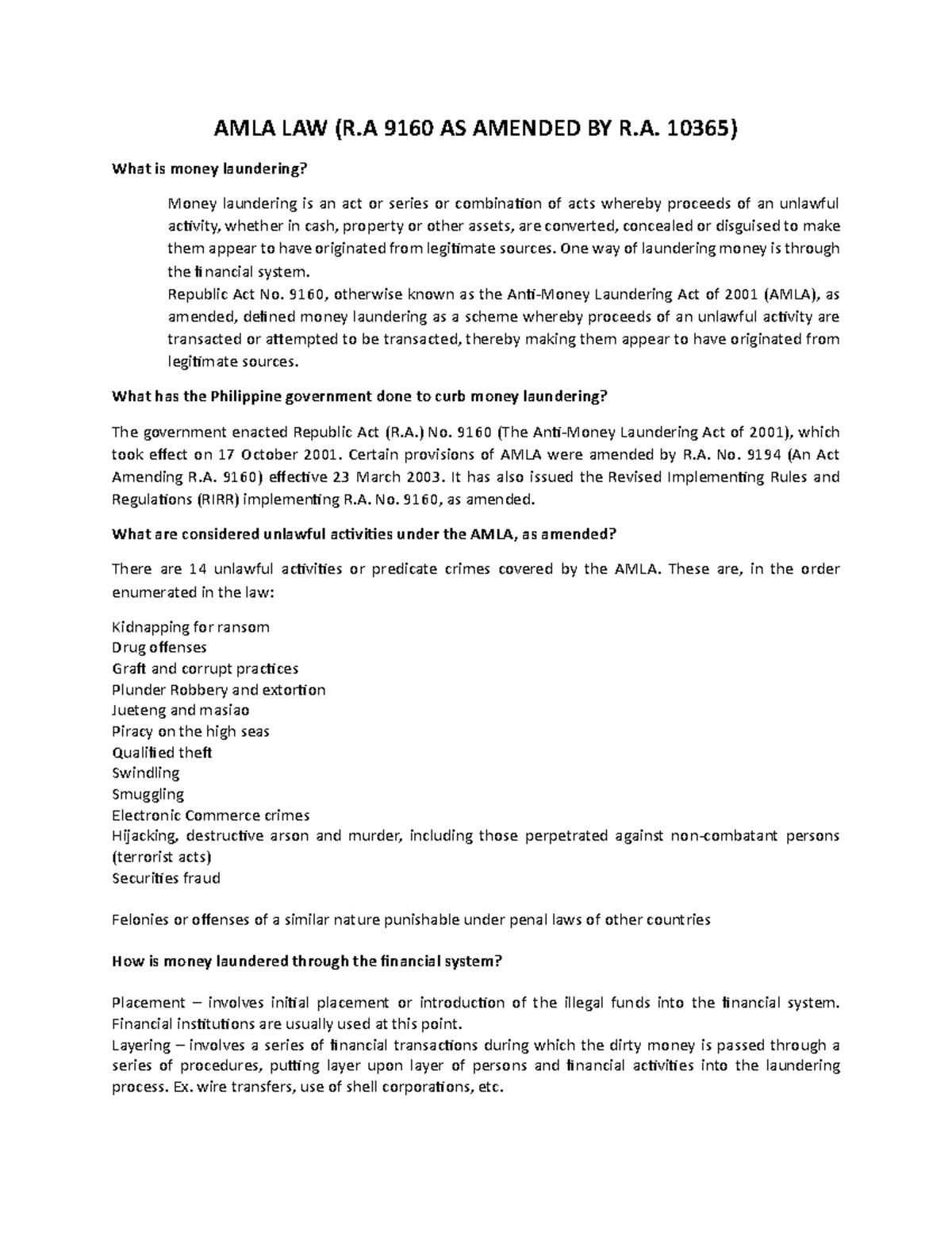 AMLA LAW (R.A. 9160 & R.A. 10365): Overview of Money Laundering and ...
