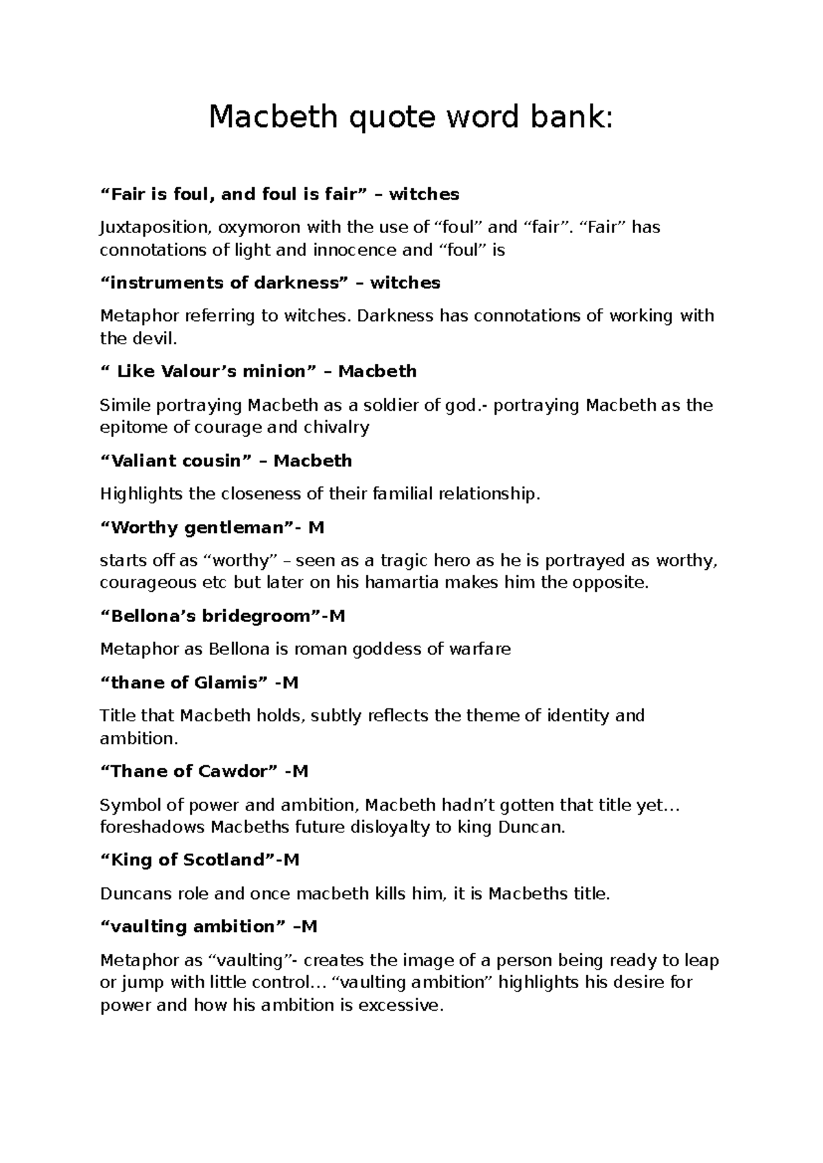 Macbeth Quote Word Bank: Key Themes and Literary Devices - Studocu