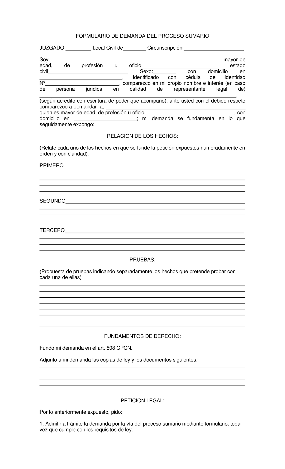 Formato Demanda Proceso Sumario: Guía y Ejemplo Completo - Studocu