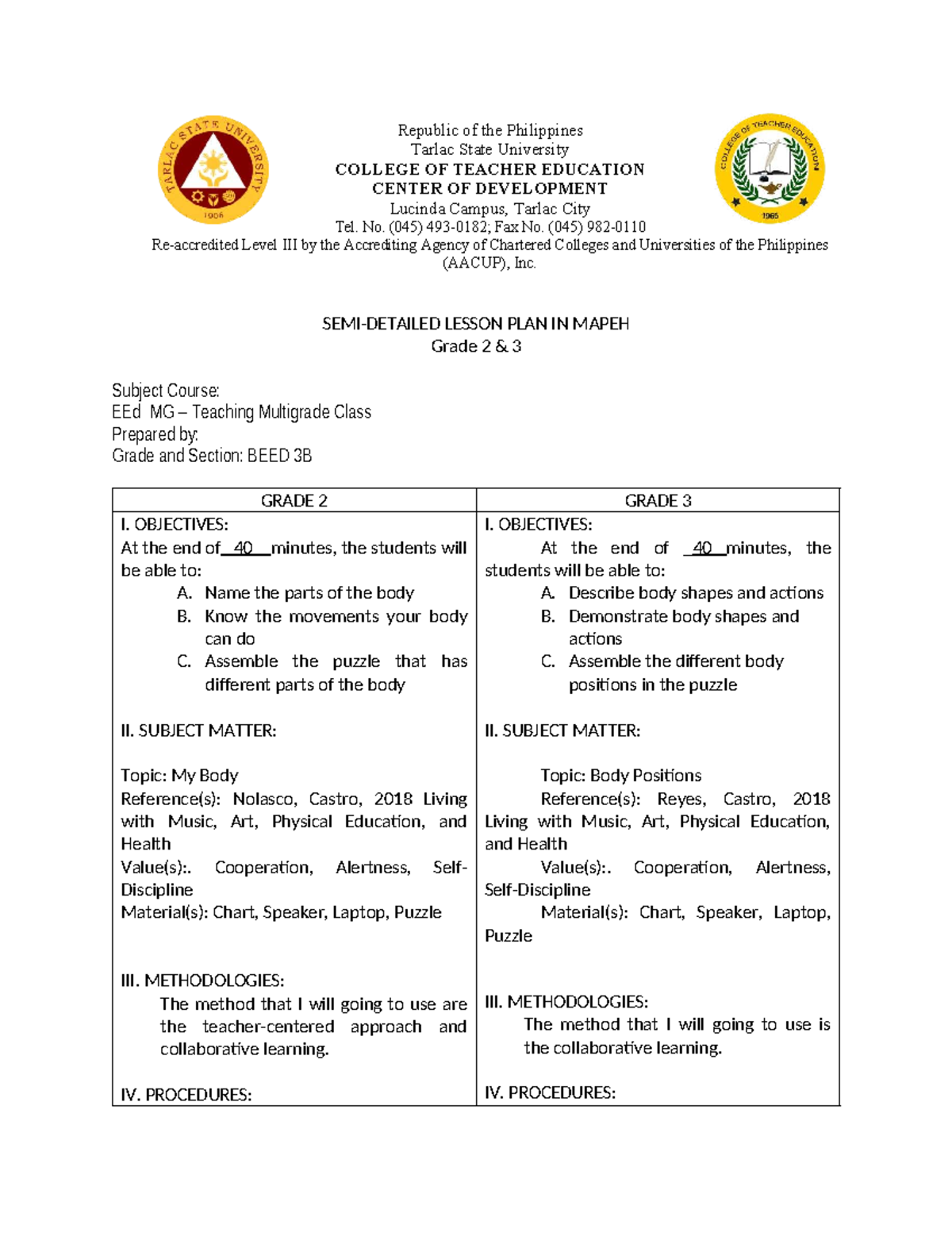 EEd 3B Lesson Plan in MAPEH for Multigrade Class (Grade 2 & 3) - Studocu