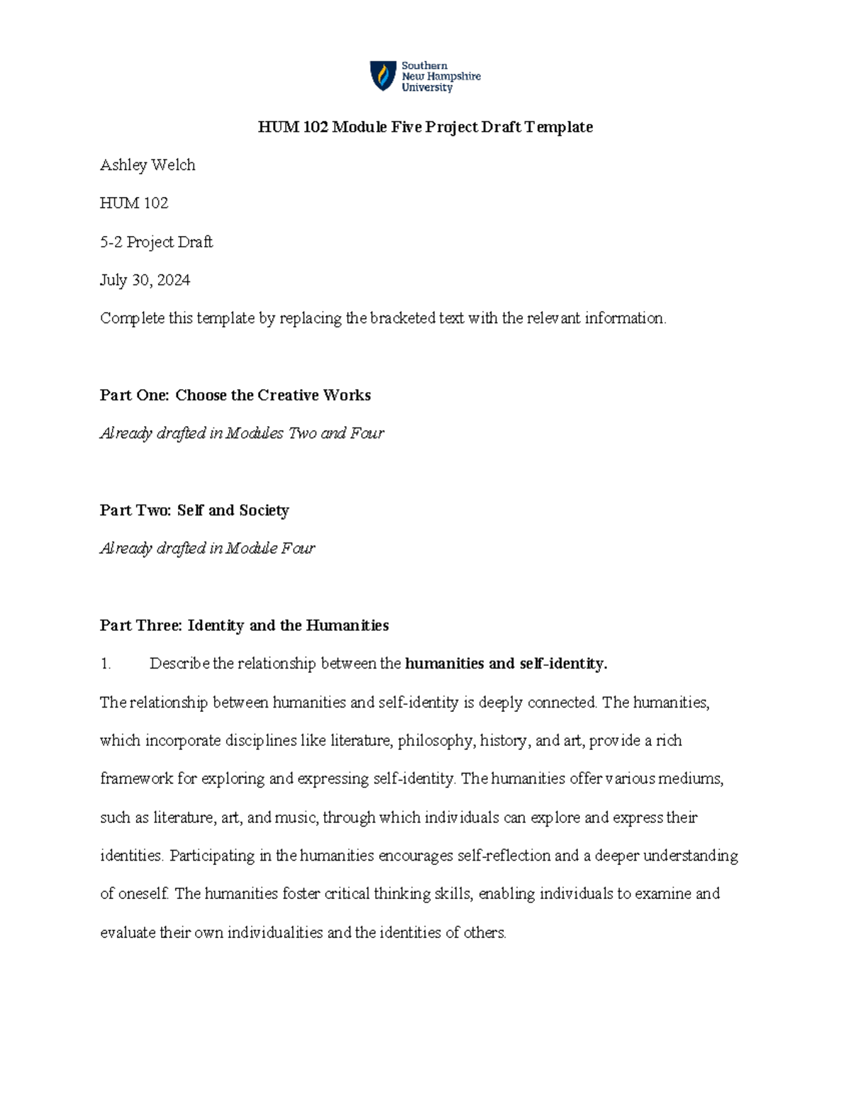 HUM 102 Module 5 Project Draft: Understanding Self-Identity Through Humanities - Studocu
