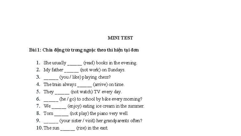 Tiếng Anh lớp 7 test - English - MINI TEST Bài 1: Chia động từ trong ...