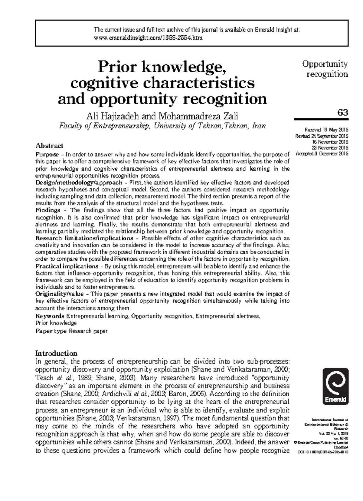 IJEBR 22(1): Prior Knowledge, Alertness, and Opportunity Recognition ...