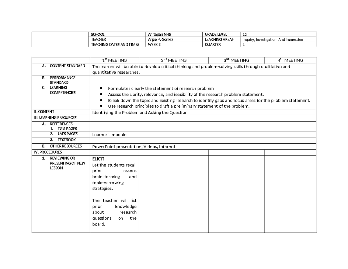Week 3 Teaching Plan: Inquiry & Research Skills Development - Studocu
