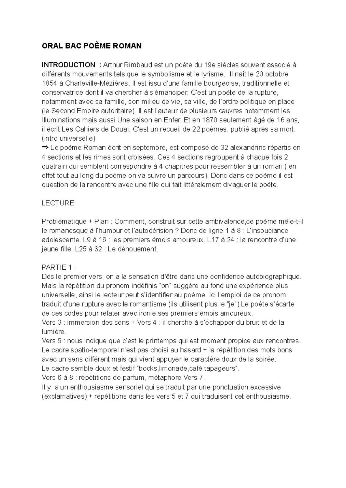 ORAL BAC Poème Roman : Analyse de Rimbaud et ses Émotions Amoureuses ...