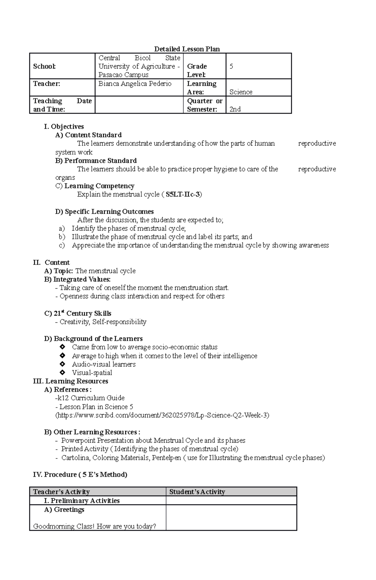 Detailed Lesson Plan on Menstrual Cycle for Sci2 Class - Studocu