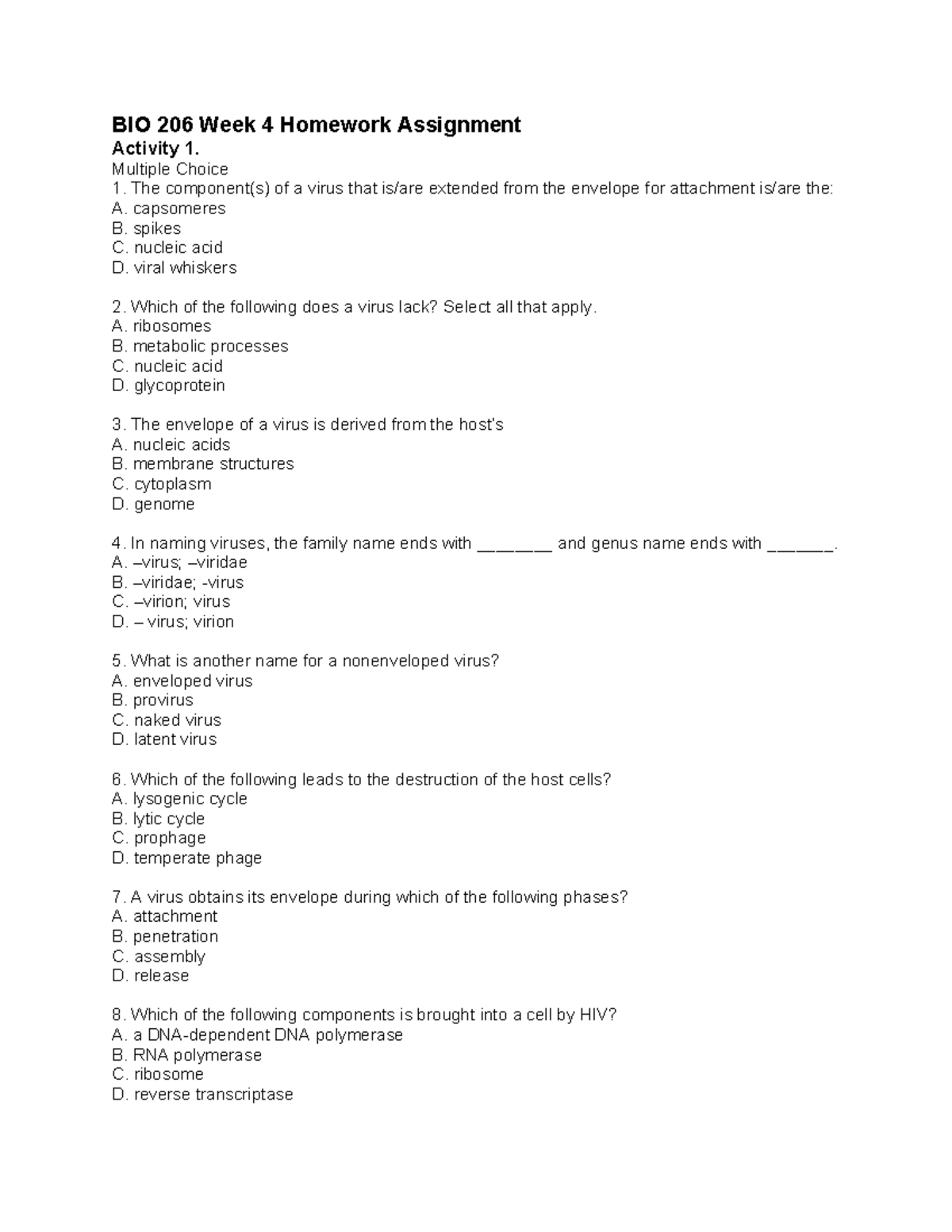 BIO 206 Week 4 Homework Assignment: Virus Structure & Function - Studocu