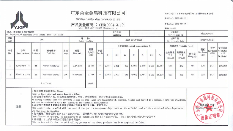 304 Cold Rolled Stainless Steel Certificate - YJ2024040241 - Studocu