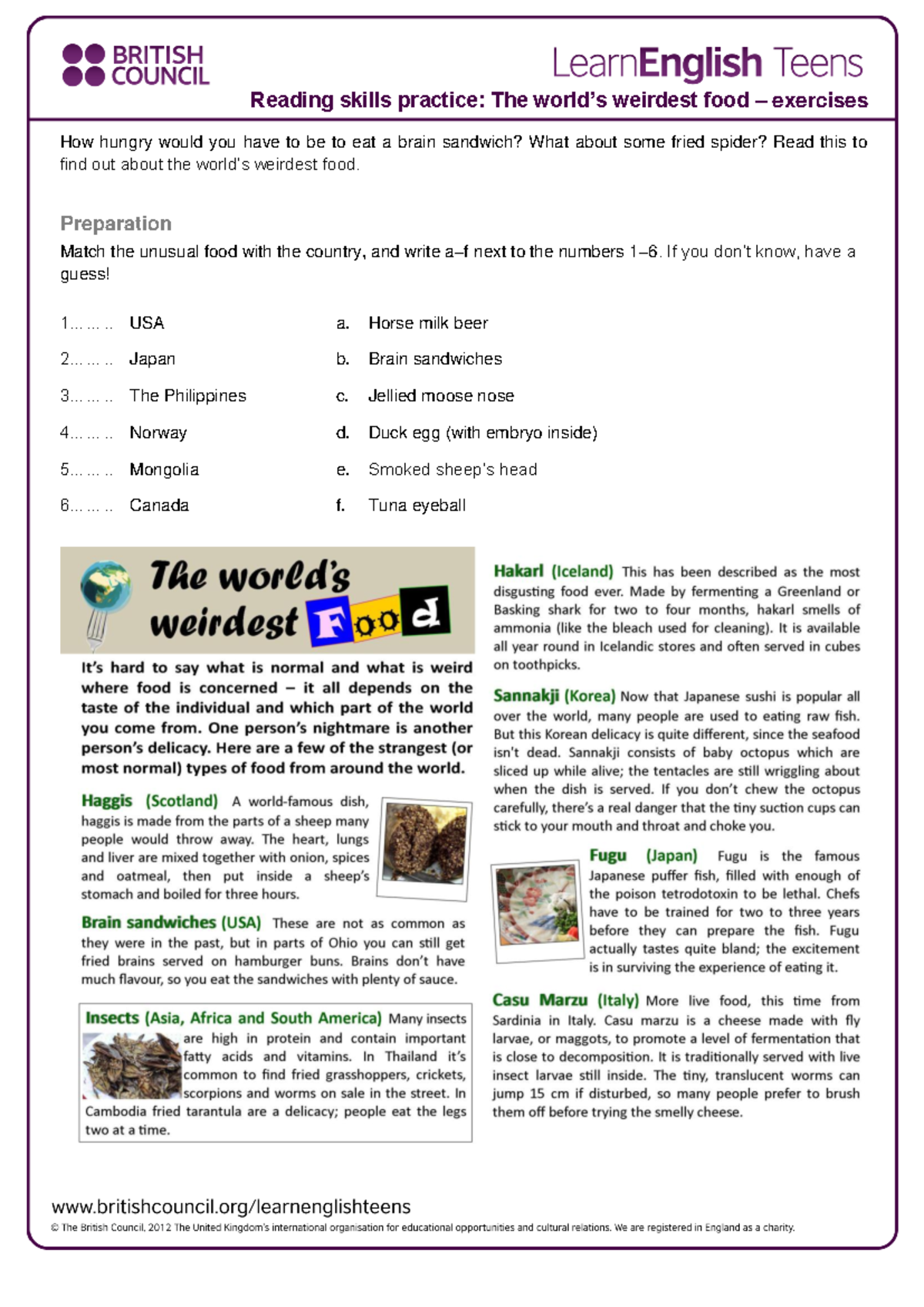 Exercises on The World's Weirdest Food - Reading Skills 240722 - Studocu
