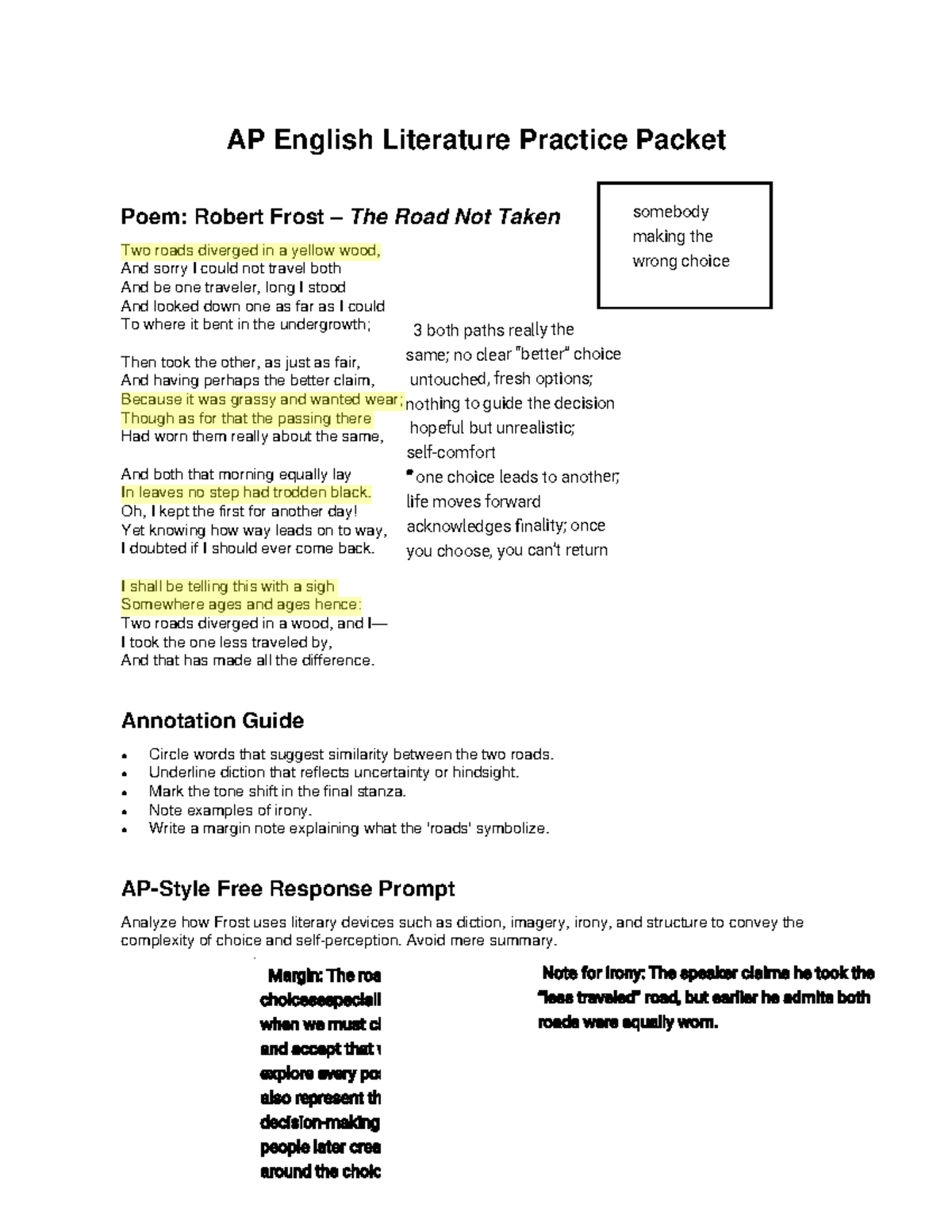 AP English Literature: Annotation Guide for Frost's "The Road Not Taken ...