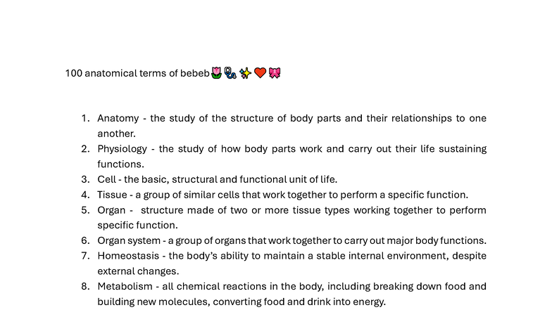 Anatomical Terms Study Guide for BEBEB 1: Key Concepts and Definitions ...