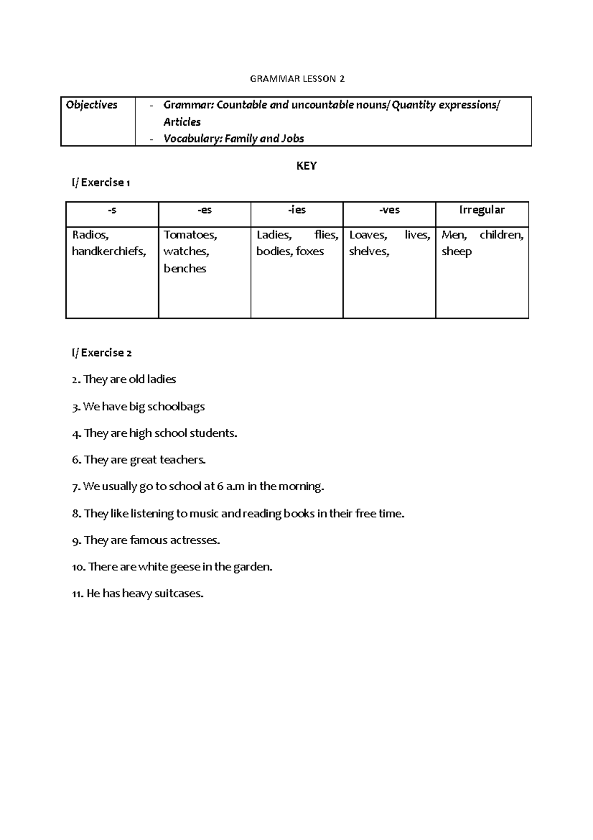 Starter lesson 2 - Key - English test 2 - GRAMMAR LESSON 2 Objectives ...
