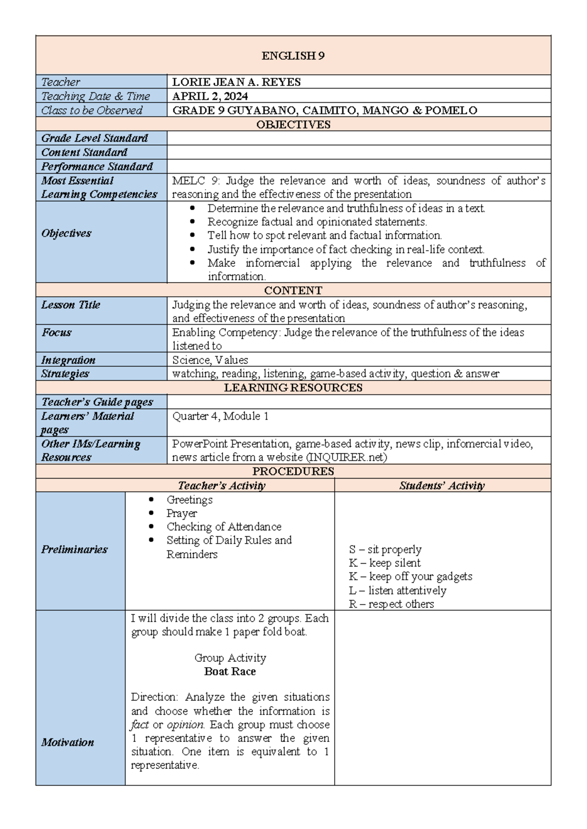 ENGLISH 9 Lesson Plan: Evaluating Truthfulness in Information - Studocu