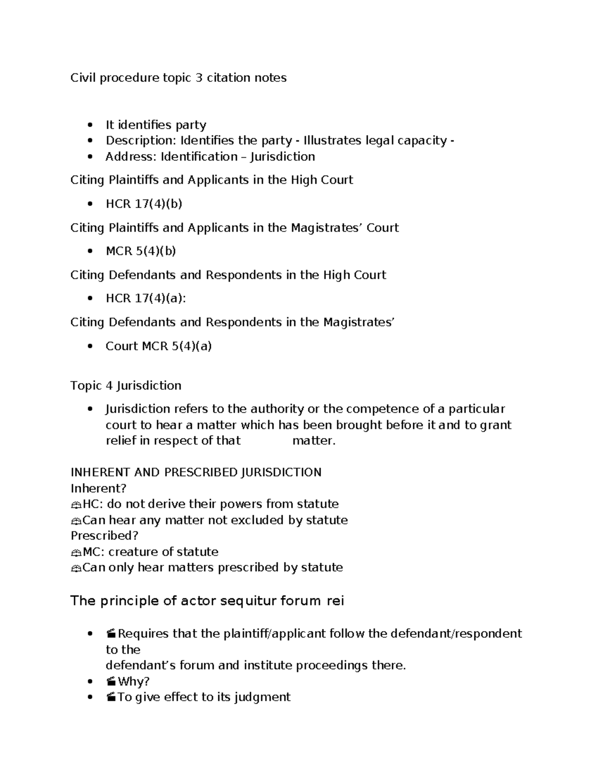 Civil Procedure HCR & MCR: Citation & Jurisdiction Notes - Studocu