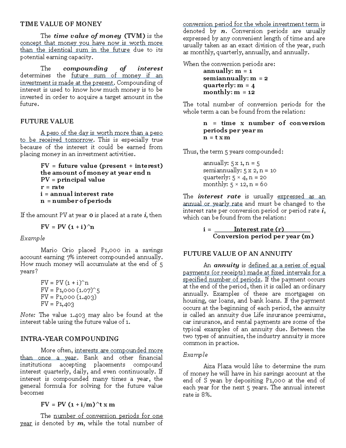 TIME VALUE OF MONEY (TVM) - Key Concepts and Formulas - Studocu