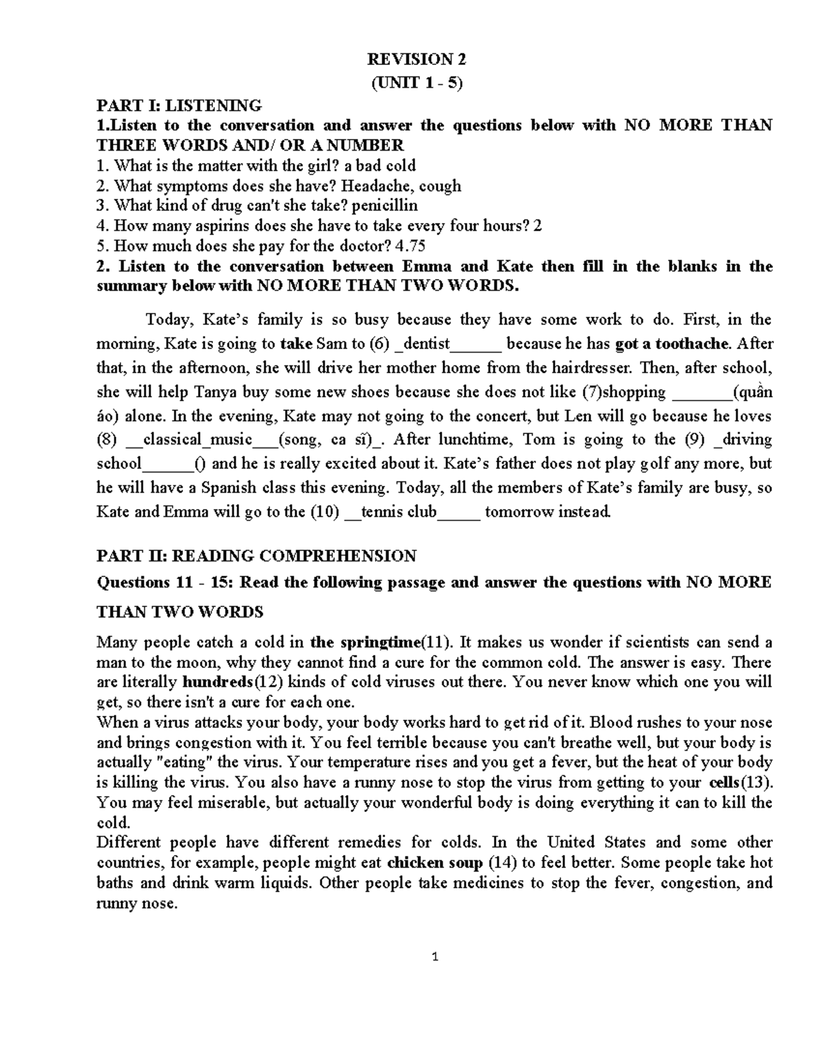 Revision 2 (U1-5): Listening & Reading Comprehension Exercises - Studocu