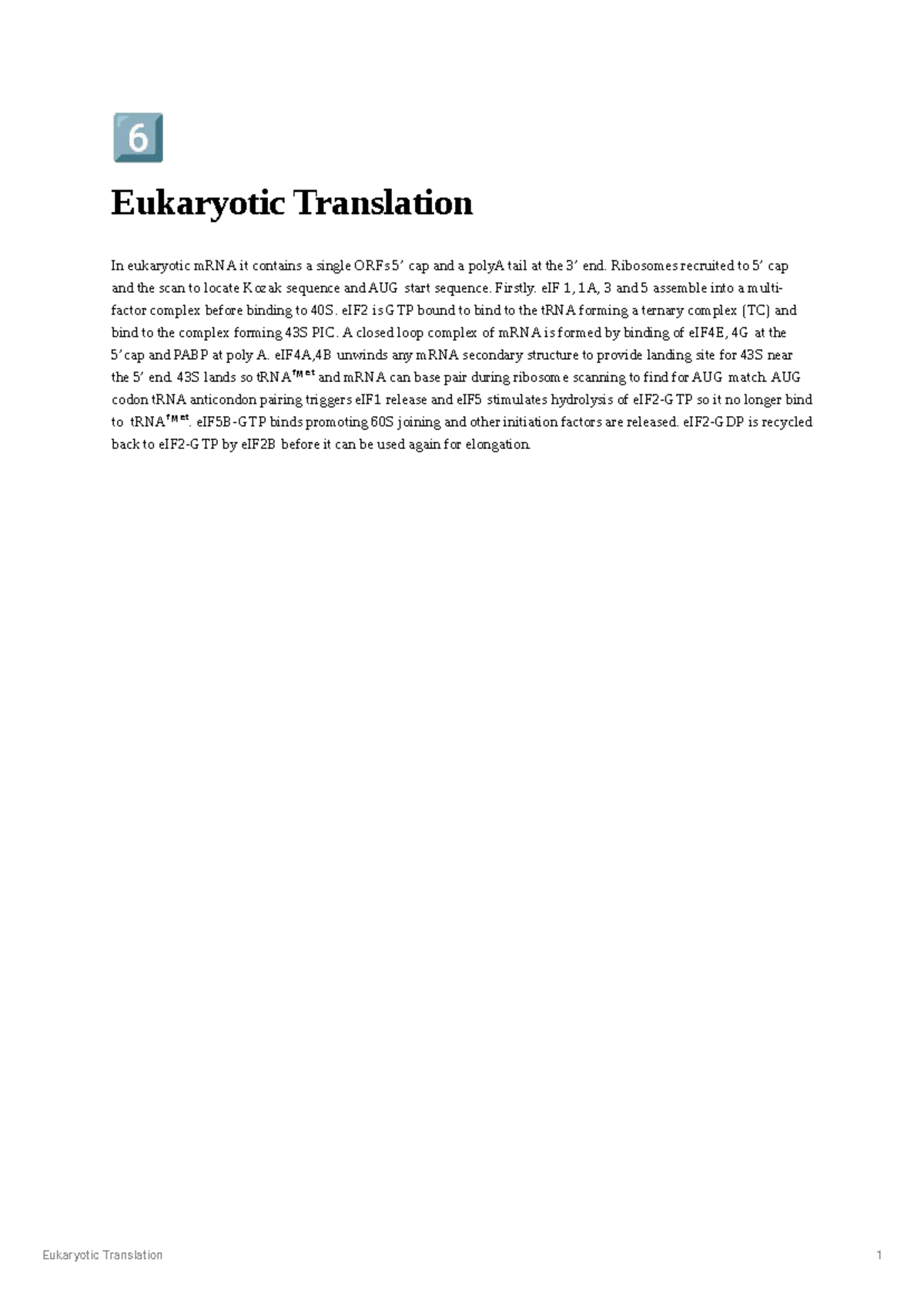 Eukaryotic Translation Overview: Key Steps and Factors - Studocu
