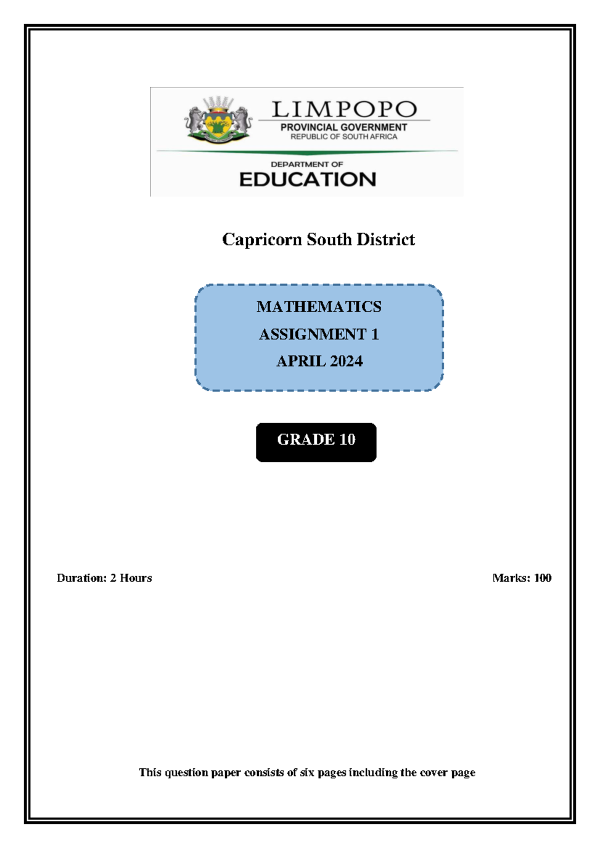 Capricorn South District Grade 10 Math Assignment 1 - April 2024 - Studocu