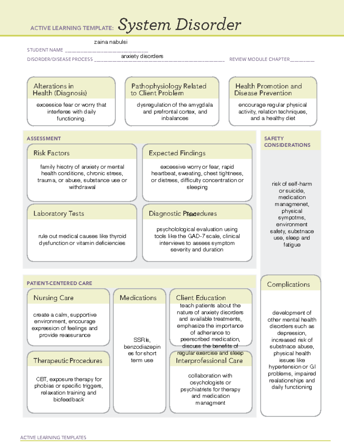 ACTIVE LEARNING TEMPLATE: Anxiety Disorders Review Module (Alterations ...