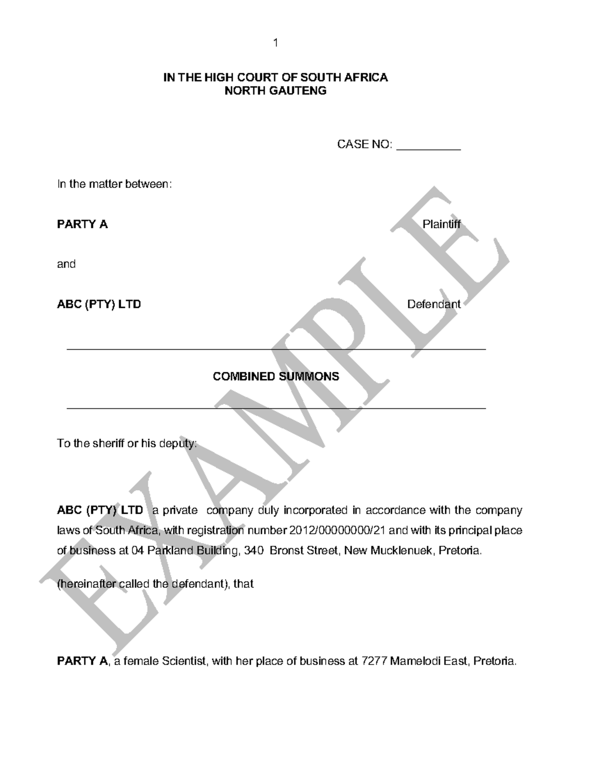 Combined Summons Example: Party A vs ABC (PTY) LTD Case No ...