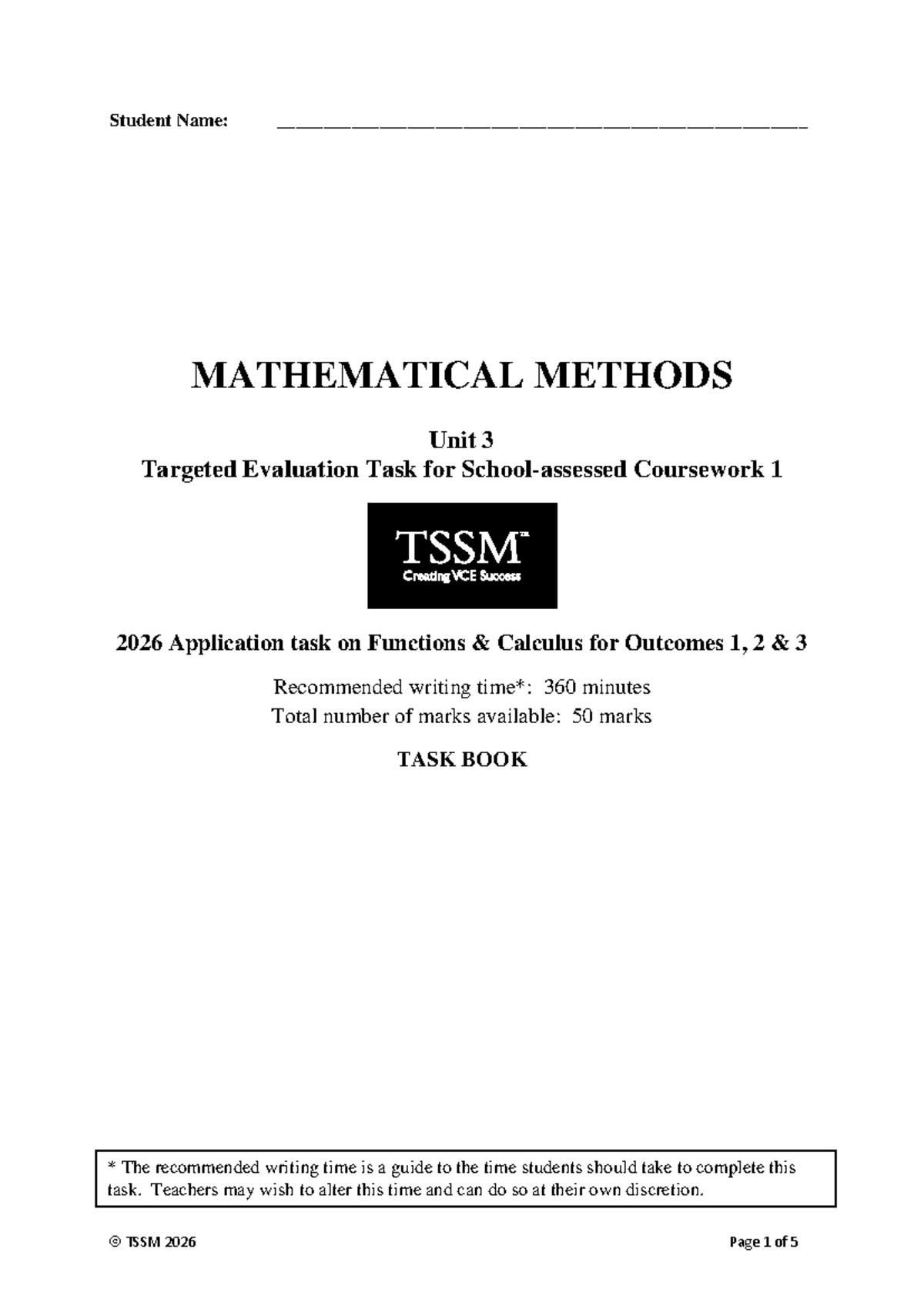 2026 Mathematical Methods Unit 3 TET 1 - Functions & Calculus Task ...