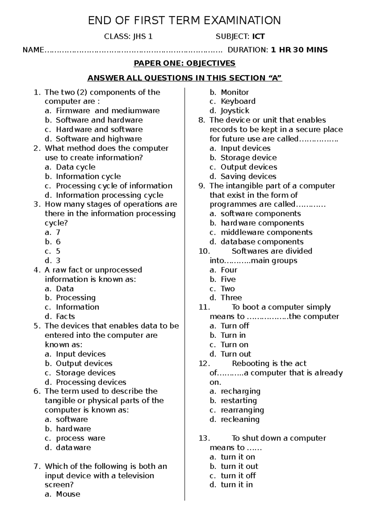 ICT-JHS-1 Final Examination Questions and Answers - Studocu