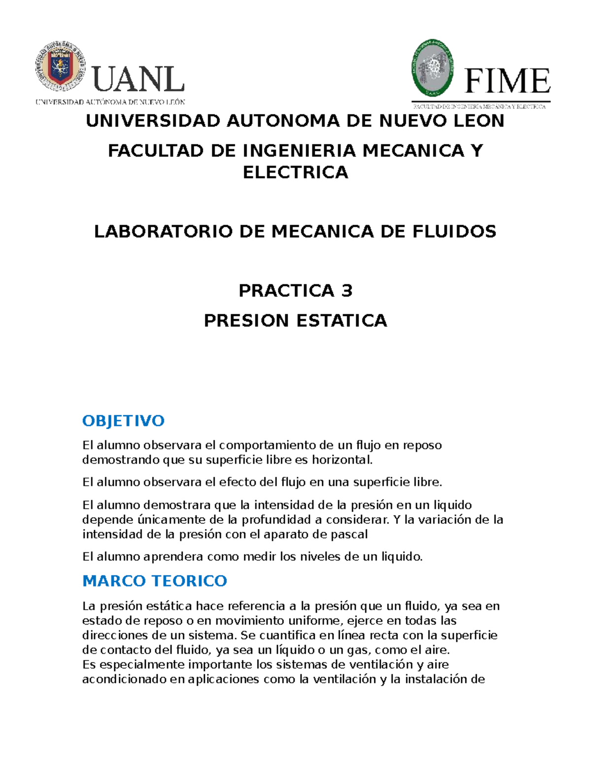 Práctica 3: Presión Estática en Fluidos - UANL Ingeniería Mecánica - Studocu